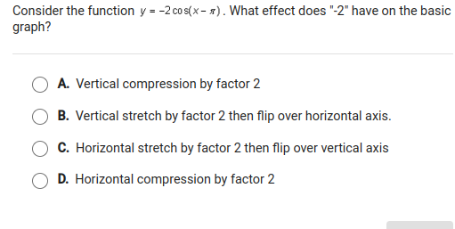 SOLVED: Consider the function y=-2 cos (x-π). What effect does "-2 ...