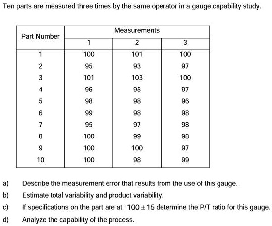 SOLVED: Ten parts are measured three times by the same operator in a ...