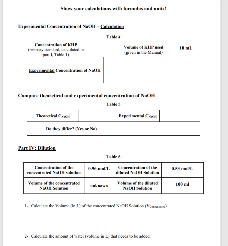 SOLVED: Show your calculations with formulas and units! Experimental Concentration of NaOH ...