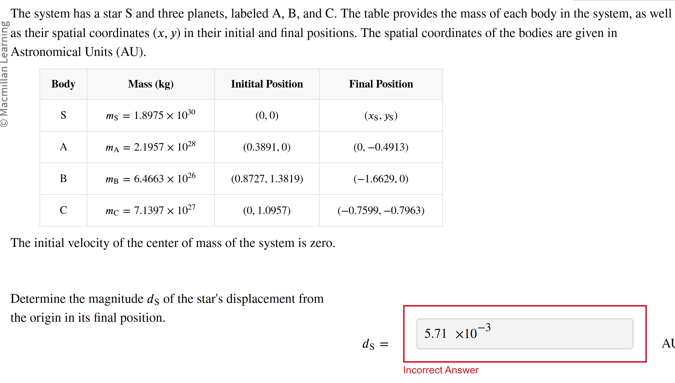 the system has a star s and three planets labeled a b and c the table ...