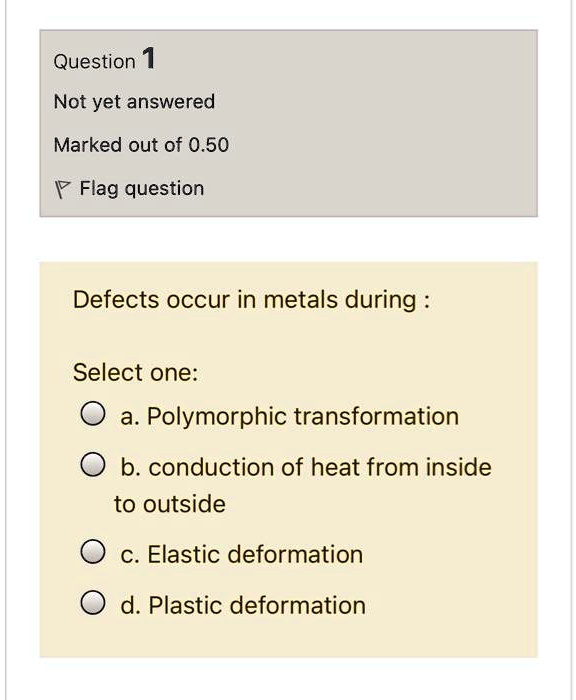SOLVED: Defects occur in metals during: Select one: a. Polymorphic ...