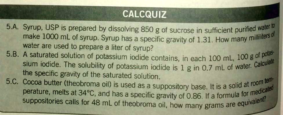 calcquiz 5a syrup usp is prepared by dissolving 850 g of sucrose in ...