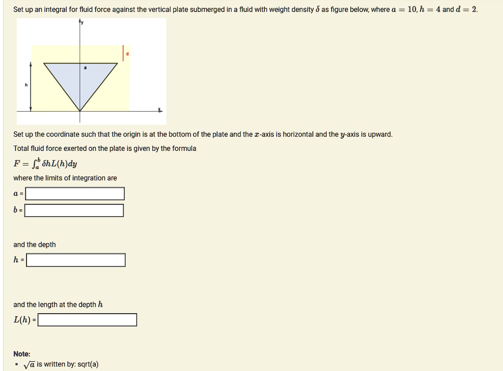 Set up an integral for fluid force against the vertical plate submerged ...