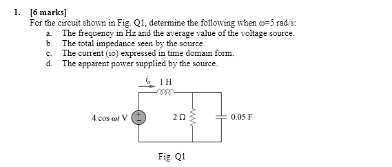 1. [6 marks] For the circuit shown in Fig. Q1, determine the following when ω = 5 rad/s: a. The ...