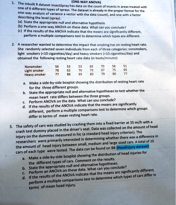 SOLVED: The inbuilt (ONE-WAY ANOVA) dataset InsectSpray has data on the ...