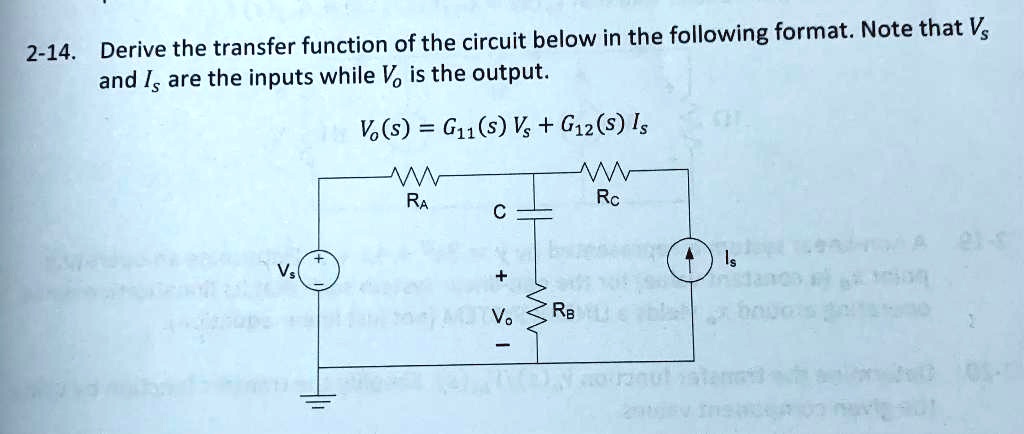 SOLVED: Derive the transfer function of the circuit below in the following format: Note that Vs ...