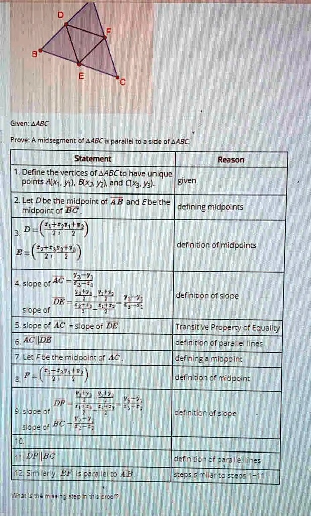 given aabc prove midsegment 0f aabci parallel to side ofabc statement reason define the vertices ...