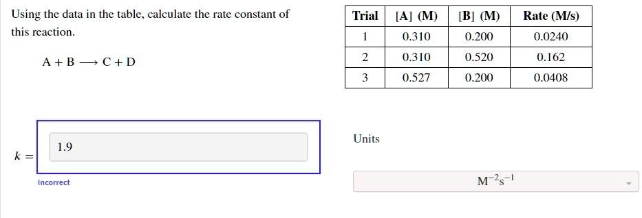 SOLVED: Using the data in the table, calculate the rate constant of ...