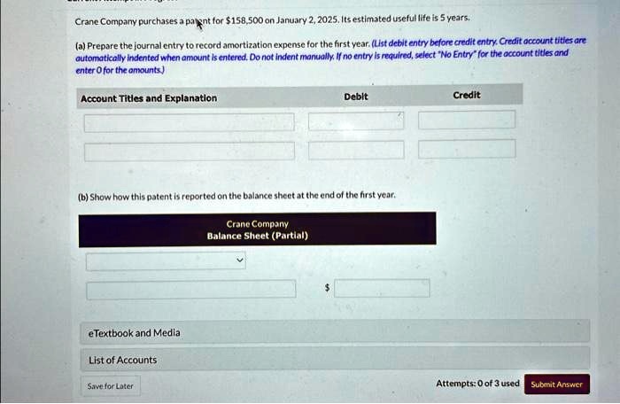 SOLVED: Crane Company purchases a patent for 158,500 on January 2, 2025 ...