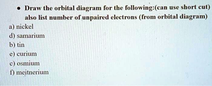 SOLVED: Draw the orbital diagram for the following (you can use a ...