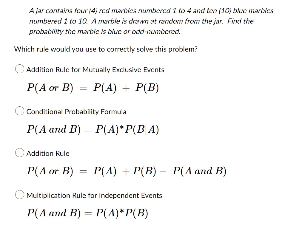 A jar contains four (4) red marbles numbered 1 to 4 and ten (10) blue ...