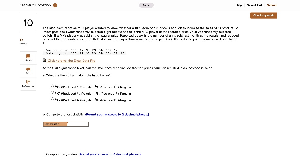 chapter 11 homework ssved help save exit submit check my work 10 the manufacturer of an mp3 ...