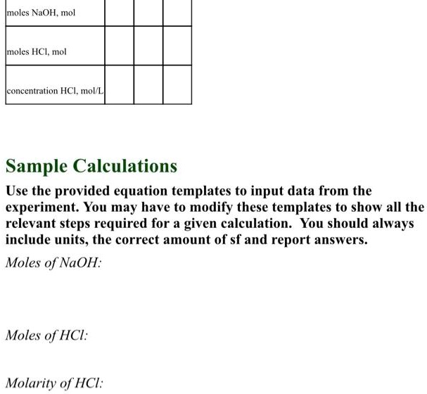 SOLVED: moles NaOH; mol moles HCL; mol concentration HCI, molL Sample ...