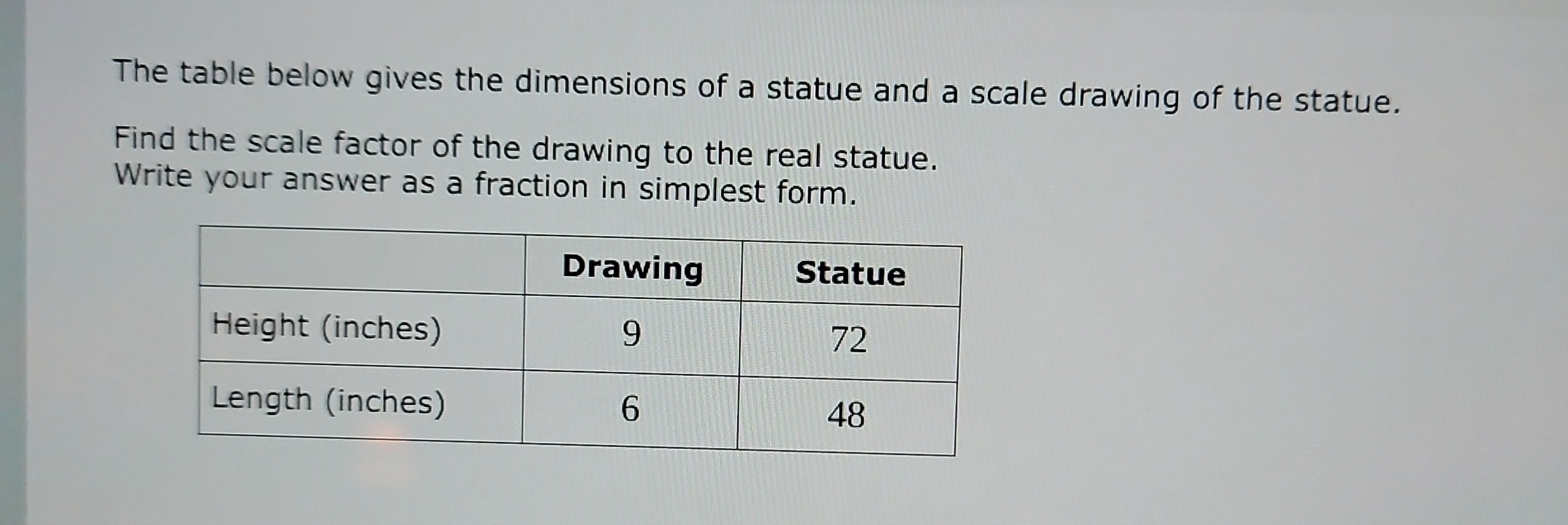 The table below gives the dimensions of a statue and a scale drawing of ...