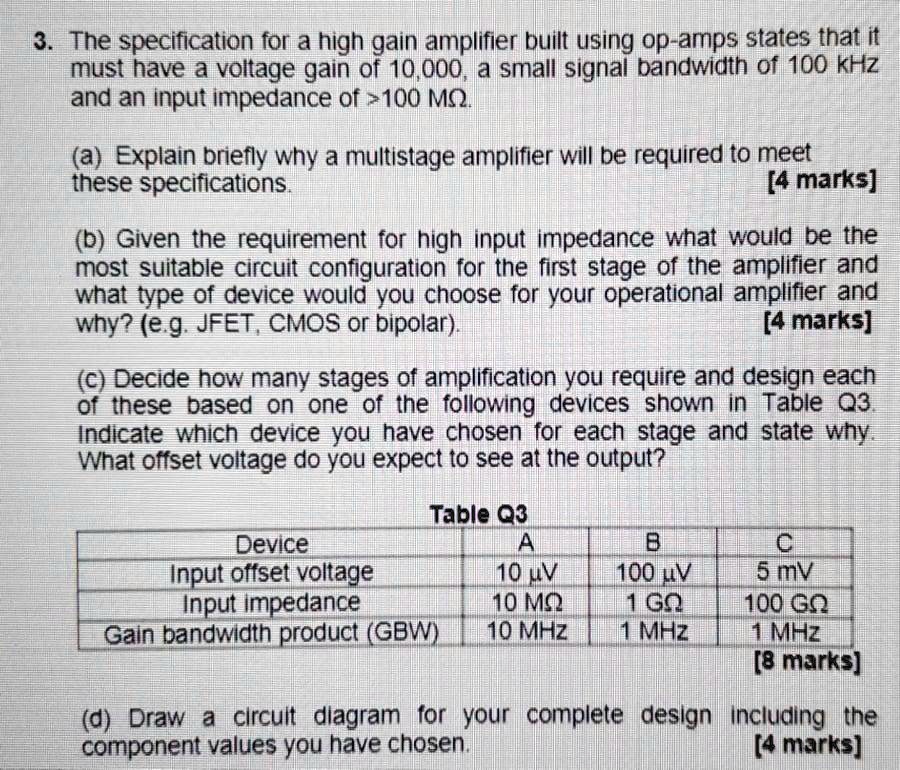 3. The specification for a high gain amplifier built using op-amps ...