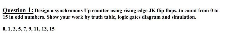 SOLVED: Question 1: Design a synchronous Up counter using rising edge JK flip flops, to count ...