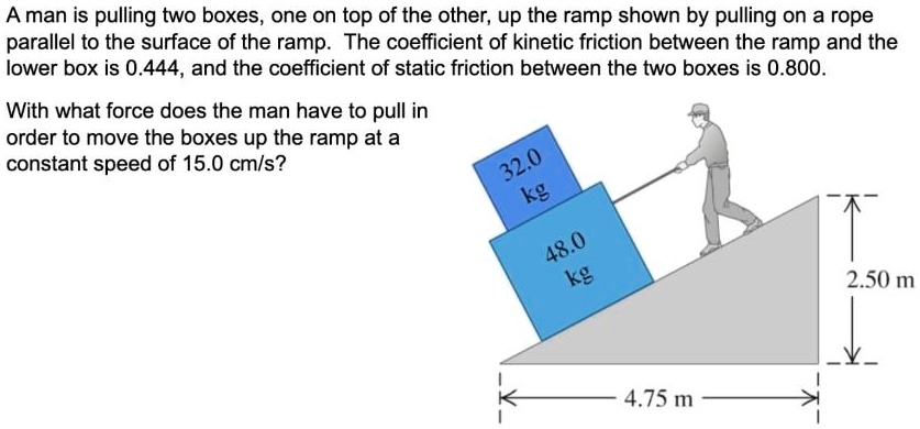 A man is pulling two boxes, one on top of the other, up the...
