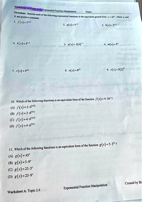 SOLVED: Worksheet A: (Topic 2.4) Exponential Function Manipulation ...