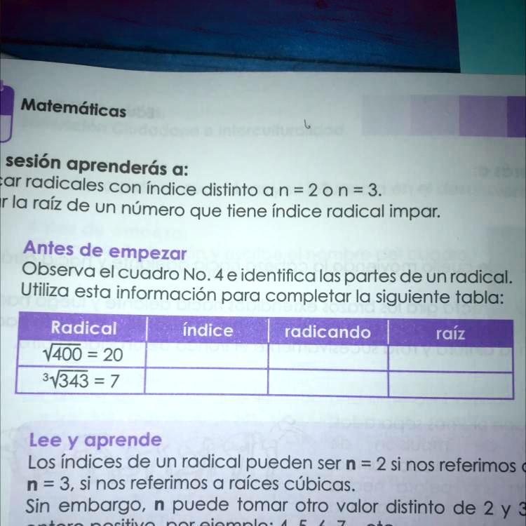 SOLVED: Observa el cuadro No. 4 e identifica las partes de un radical ...