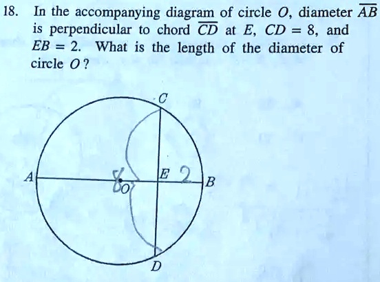 SOLVED: 18 In the accompanying diagram of circle 0, diameter AB is perpendicular to chord CD at ...