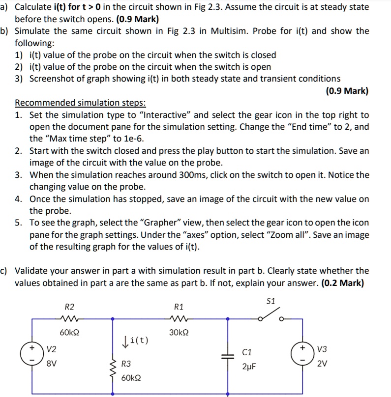 SOLVED: Detailed solution Calculate i(t) for t > 0 in the circuit shown in Fig 2.3. Assume the ...