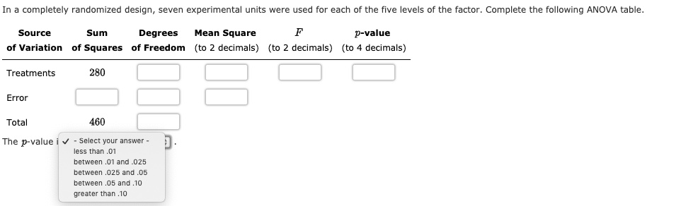 completely randomized design seven experimental units were used for each of the five levels of ...