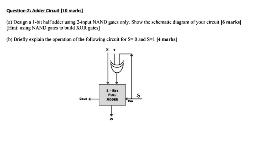 Solved Question 2 Adder Circuit 10 Marks Design A 1 Bit Half Adder Using 2 Input Nand Gates 8025