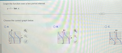 Graph the function over a two-period interval. y=1-tan x Choose the ...