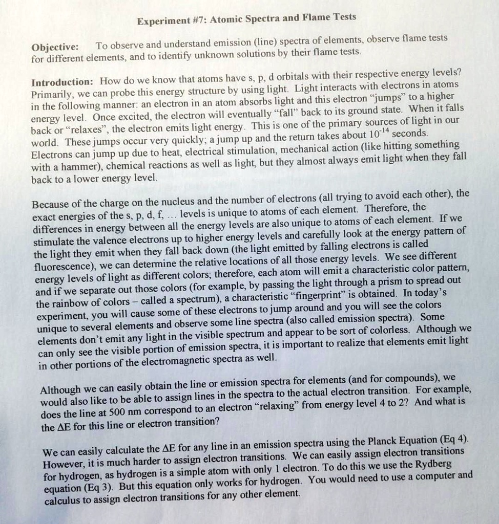 SOLVED:Experiment #7: Atomic Spectra and Flame Tests To observe and ...