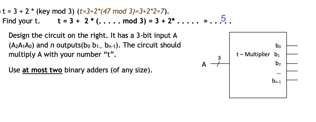SOLVED: t = 3 + 2 * (key mod 3) (t = 3 + 2 * (47 mod 3) = 3 + 2 * 2 = 7). Find your t. t = 3 + 2 ...