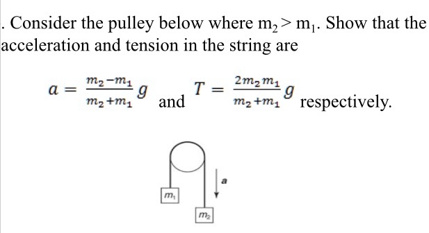 SOLVED: Consider the pulley below where m1 and m2 are masses. Show that ...