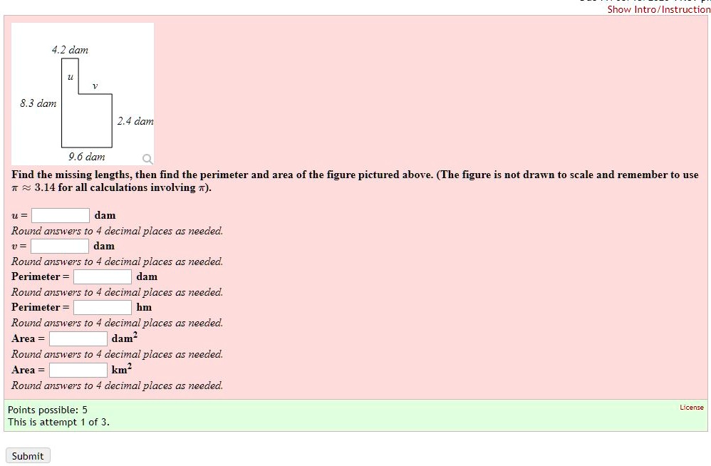 SOLVED: Show Intro Instructicn dam 8.3 dam 4 dam 9.6 dam Find the ...