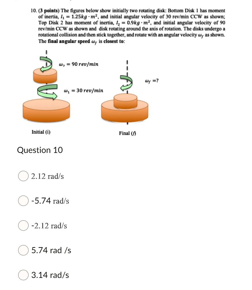 SOLVED: 10. (J points) The figures below show initially two rotating disks: Bottom Disk has a ...