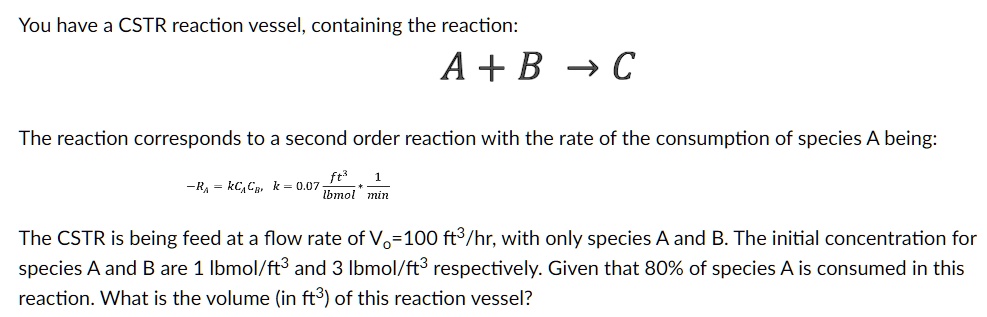 You have a CSTR reaction vessel, containing the reaction: A + B → C The reaction corresponds to ...