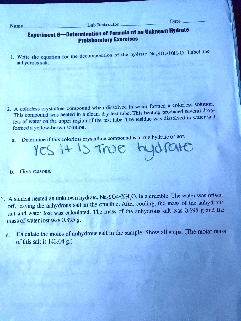 SOLVED: Date Name Lab Instructor Experiment Determination of Formula of ...