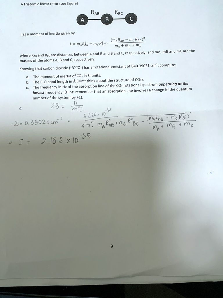 SOLVED: A triatomic linear rotor (see figure) RAB RBC has a moment of ...