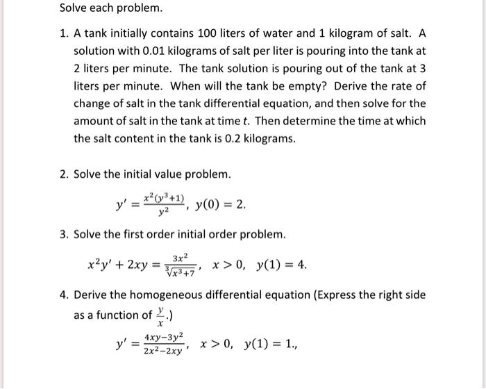 SOLVED:Solve each problem. 1. A tank initially contains 100 liters of ...