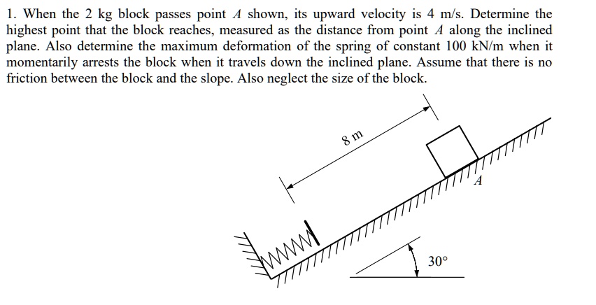 SOLVED: 1. When the 2 kg block passes point A shown, its upward velocity is 4 m/s. Determine the ...