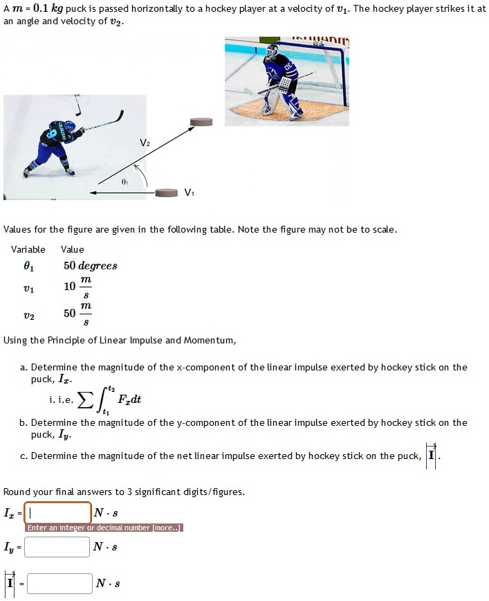 A m = 0.1 kg puck is passed horizontally to a hockey player at a ...