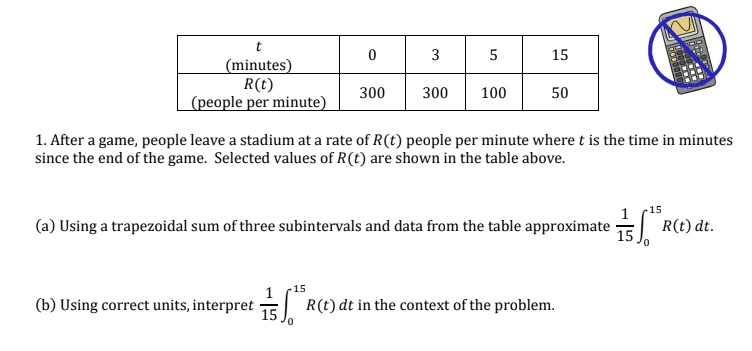 SOLVED: After the game, people leave the stadium at a rate of R(t) people per minute, where t is ...