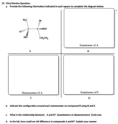 19. Chiral Review Question: a. Provide the following information indicated in each square to ...