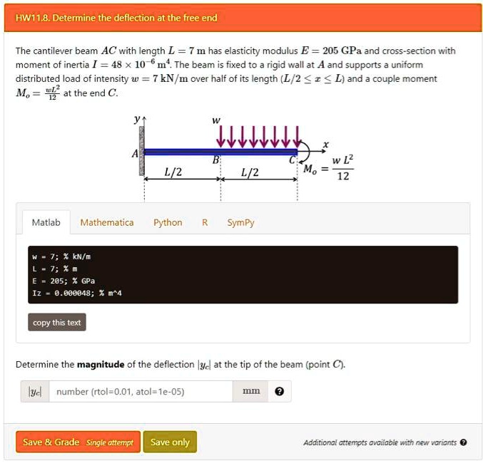 SOLVED: HW11.8. Determine the deflection at the free end The cantilever beam AC with length L ...