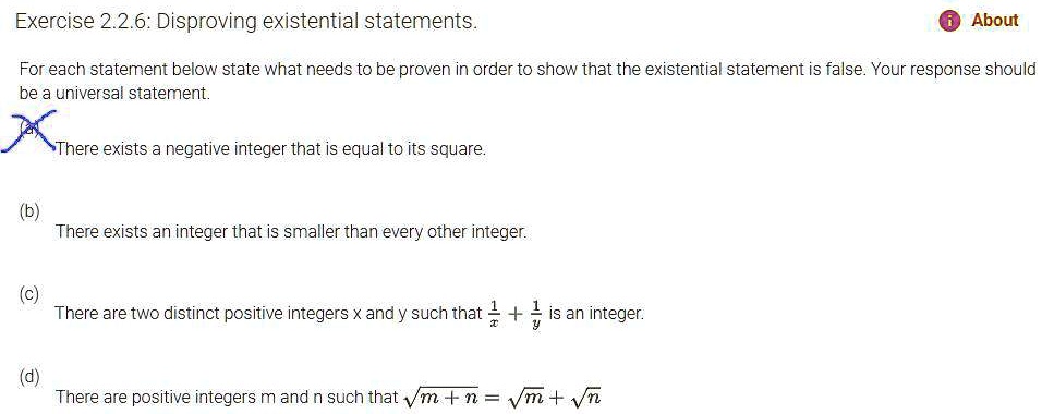 Exercise 2.2.6: Disproving existential statements. About For each statement below state what ...