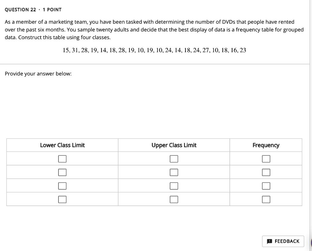 SOLVED: QUESTION 22 POINT As a member of a marketing team; you have been tasked with determining ...