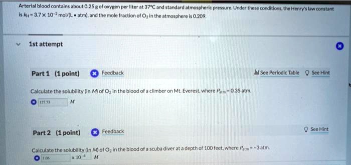 SOLVED: Arterial blood containsabout 0.25 Gof oxyken per Ilterat 37"C ...