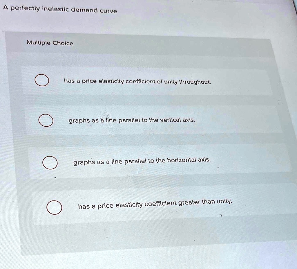 SOLVED: A perfectly inelastic demand curve Multiple Choice has a price elasticity coefficient of ...