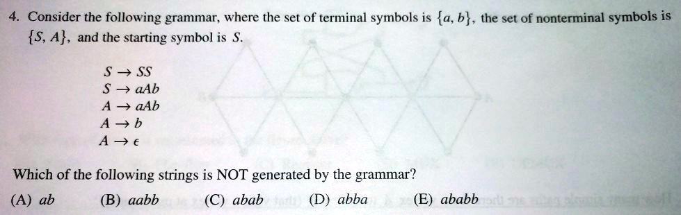 4. Consider the following grammar, where the set of terminal symbols is {a, b}, the set of ...