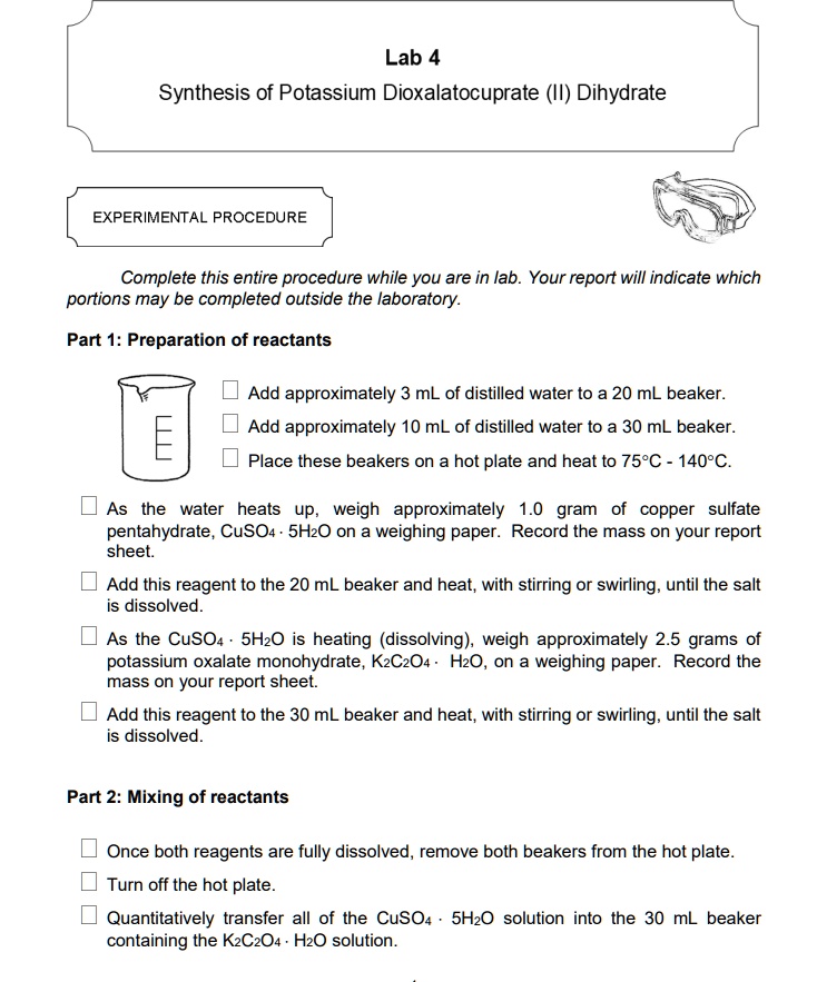 SOLVED: Lab 4 Synthesis of Potassium Dioxalatocuprate (II) Dihydrate ...