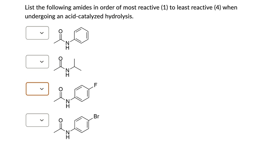 List the following amides in order of most reactive (1) to least reactive (4) when undergoing an ...