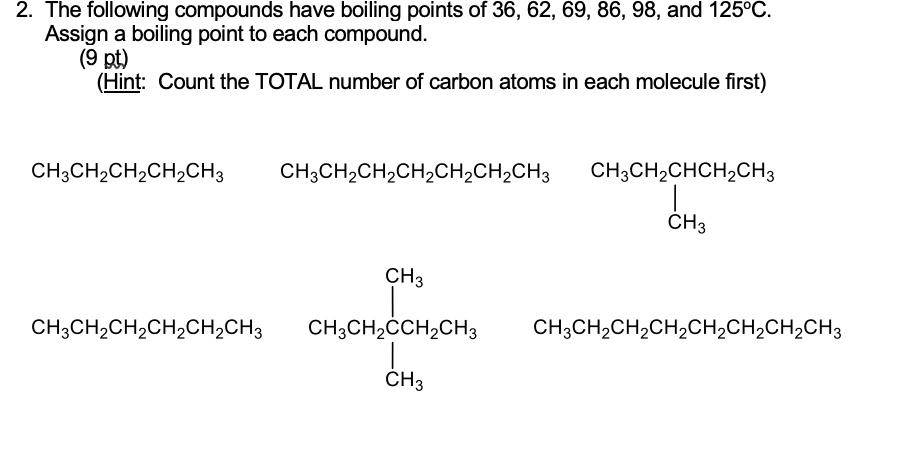 SOLVED: The following compounds have boiling points of 36, 62, 69,86, 98, and 125'C Assign a ...